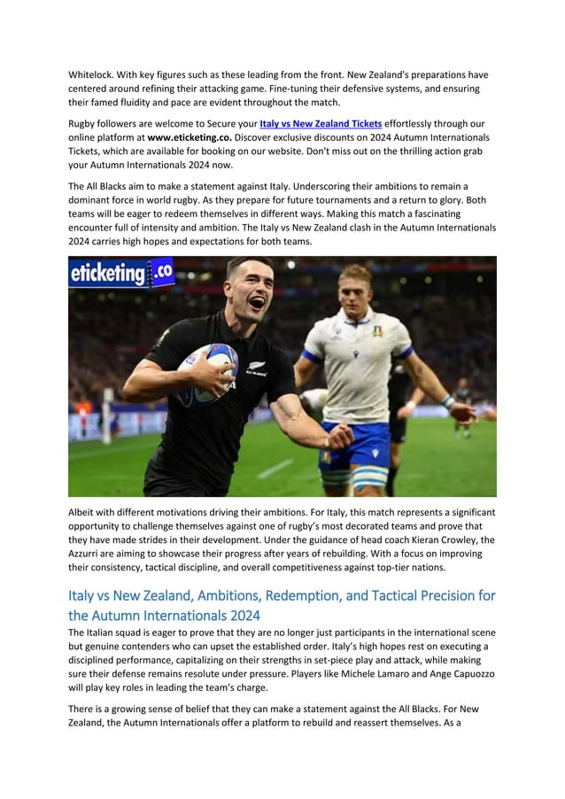 Autumn Internationals 2024 Tickets: Italy vs New Zealand, Redemption and Ambition | PDF