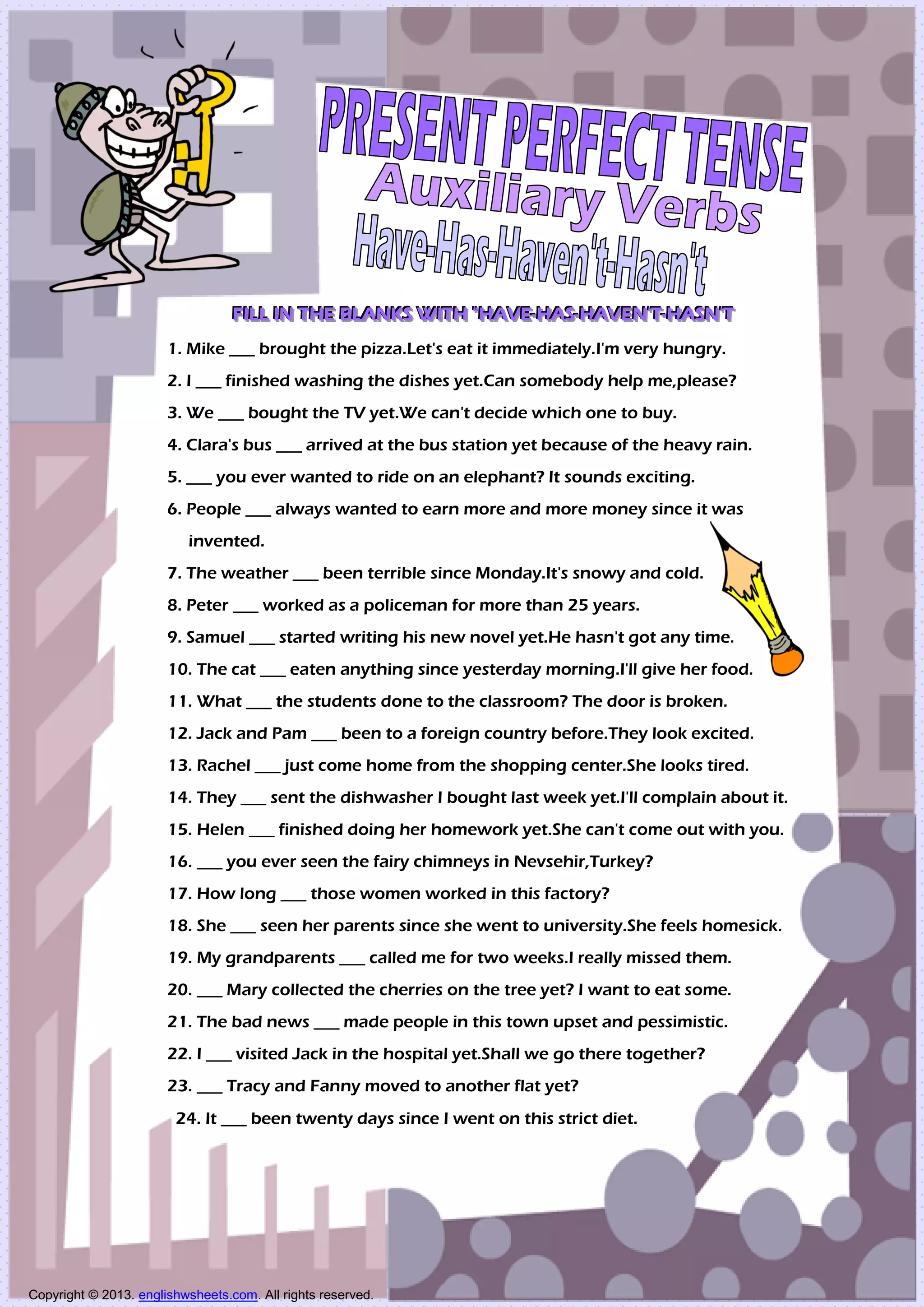 Auxiliary verbs present perfect tense have has worksheet | PDF
