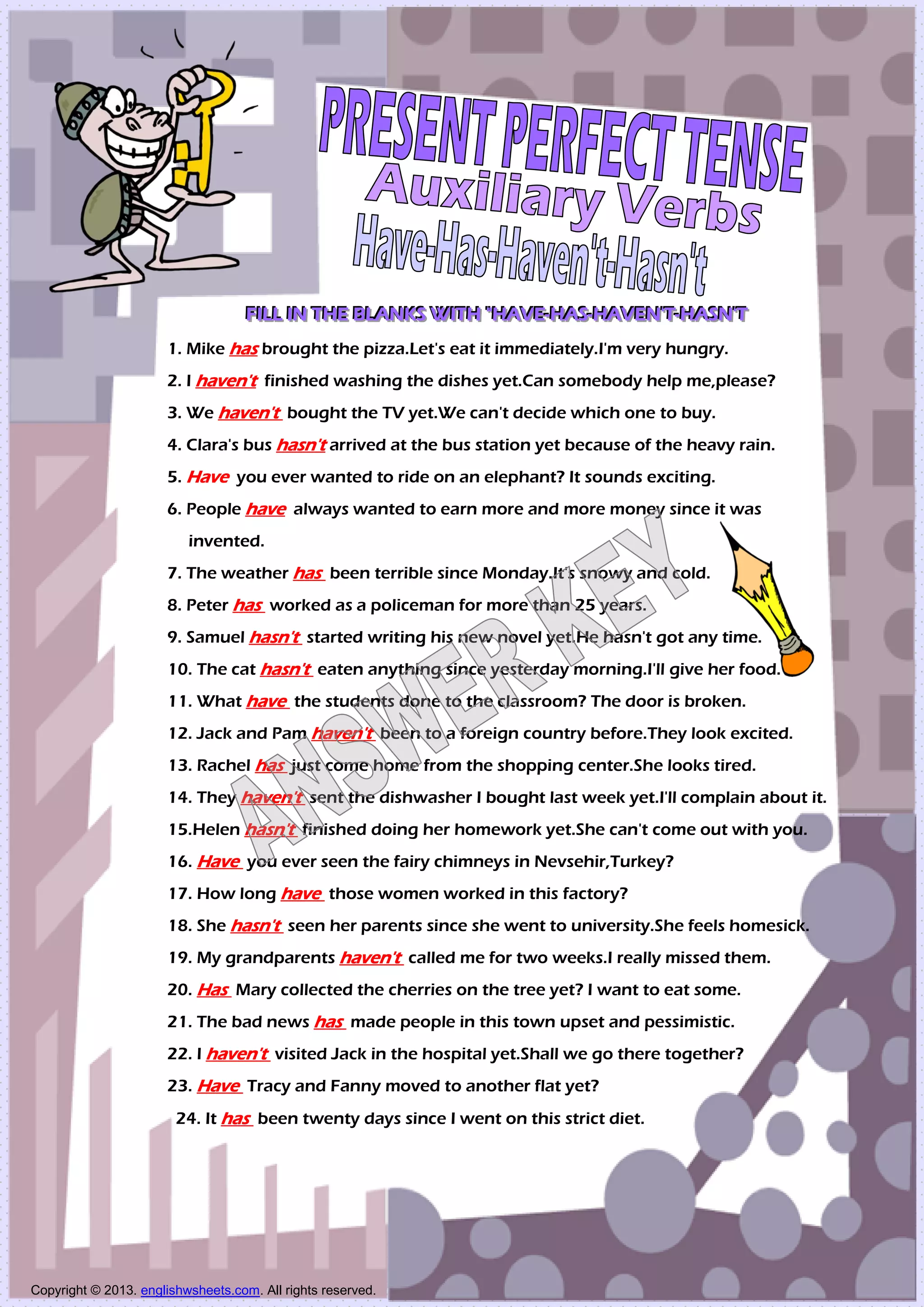 Auxiliary verbs present perfect tense have has worksheet | PDF