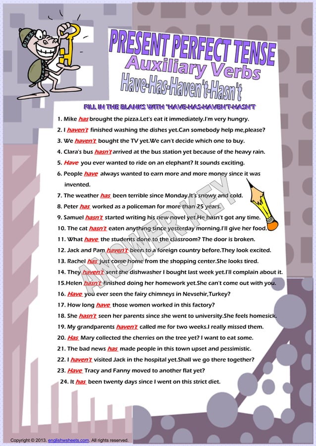 Auxiliary verbs present perfect tense have has worksheet | PDF