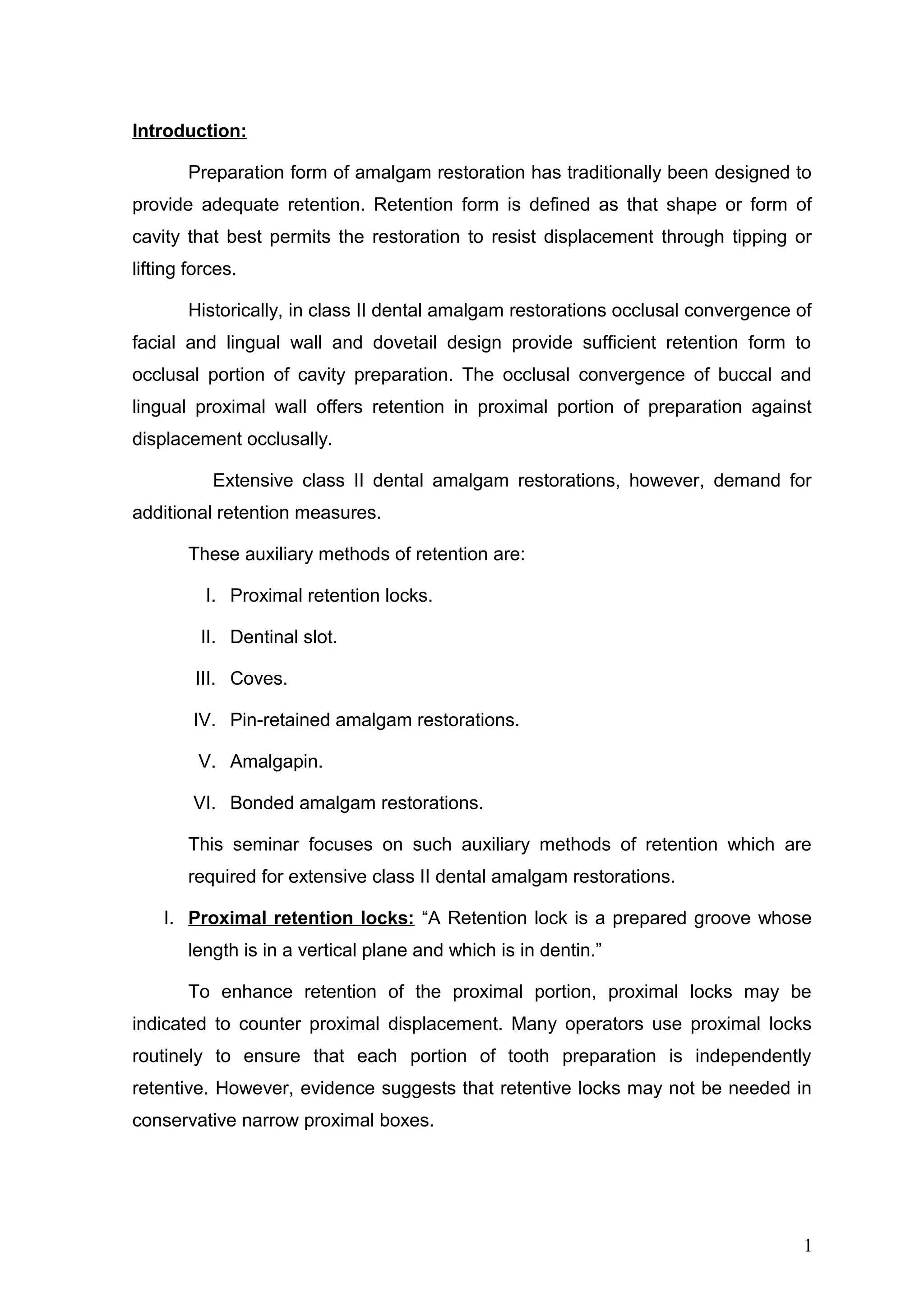 Auxillary methods of retention in class ii dental amalgam restorations ...
