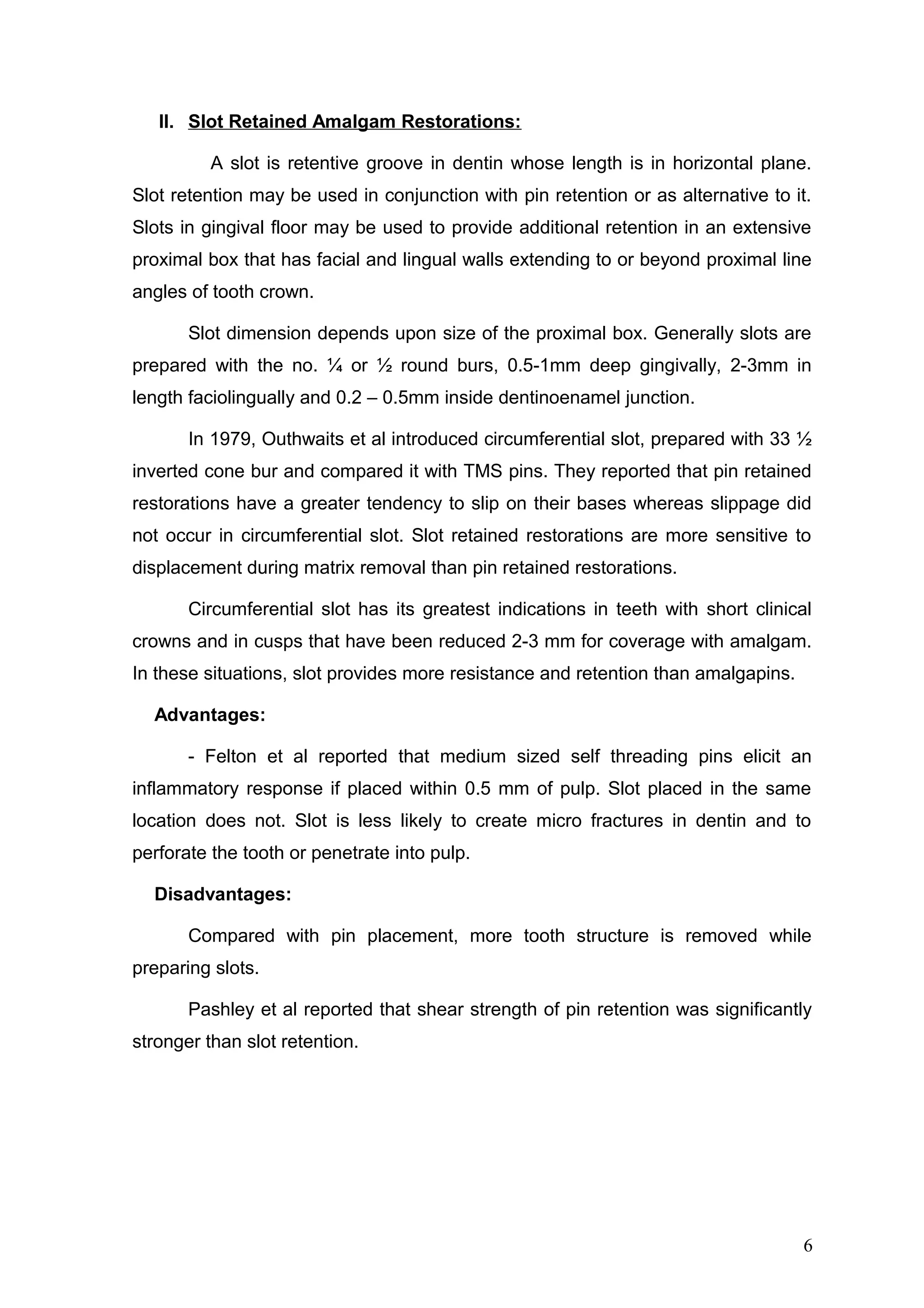 Auxillary methods of retention in class ii dental amalgam restorations ...