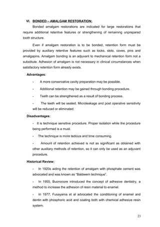 Auxillary methods of retention in class ii dental amalgam restorations ...