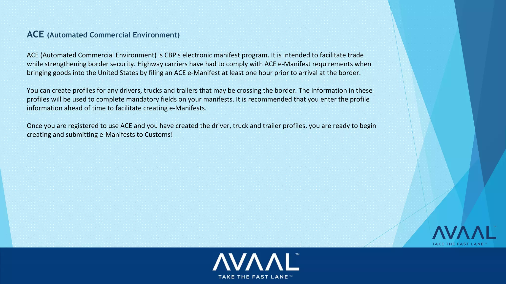 Avaal ACE / ACI e-Manifest Border Crossing Portal | PPT