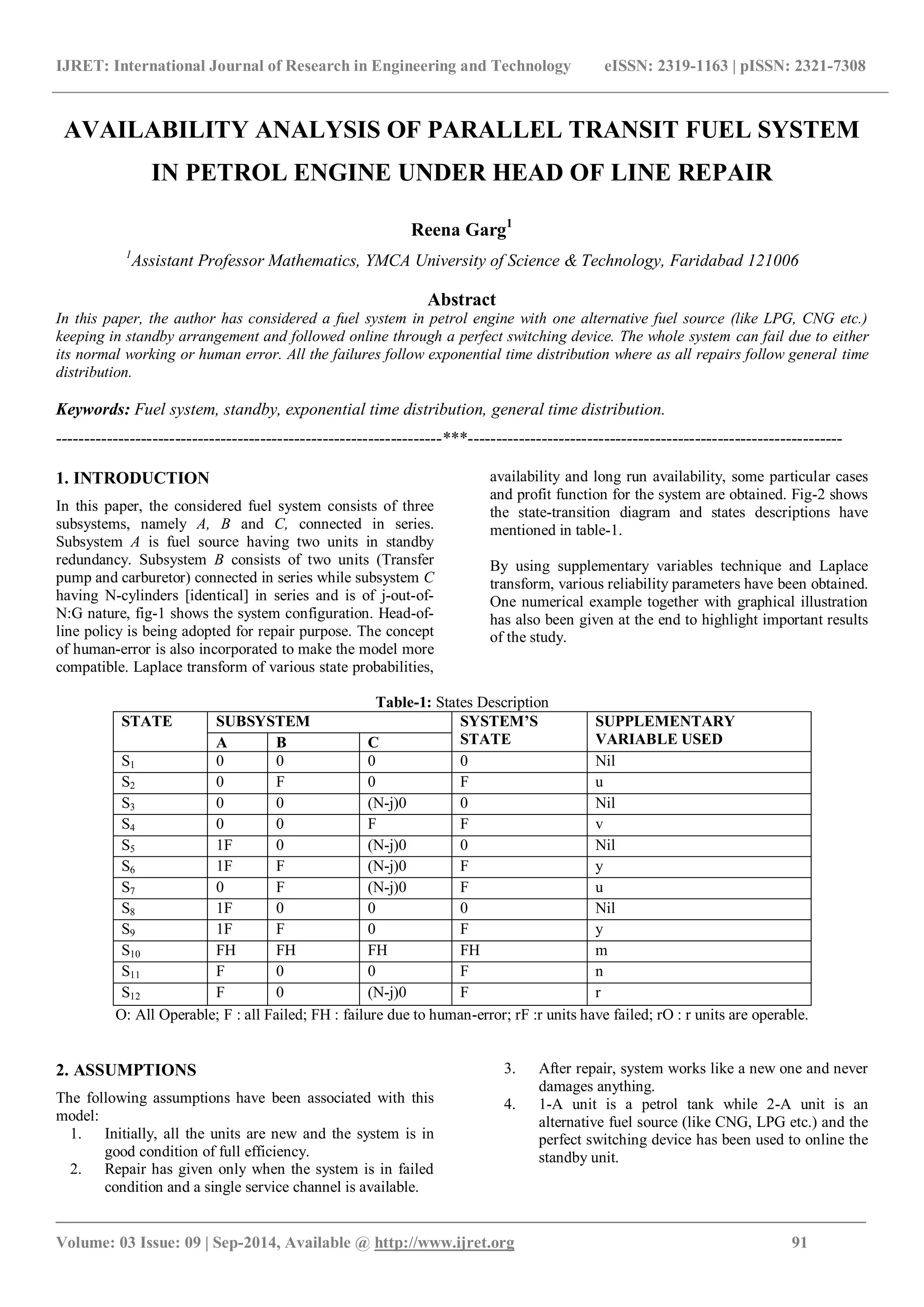 Availability analysis of parallel transit fuel system in petrol engine under head of line repair ...
