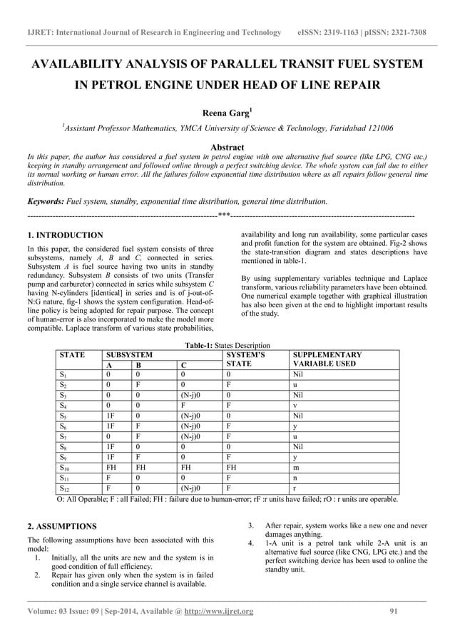 Availability analysis of parallel transit fuel system in petrol engine ...