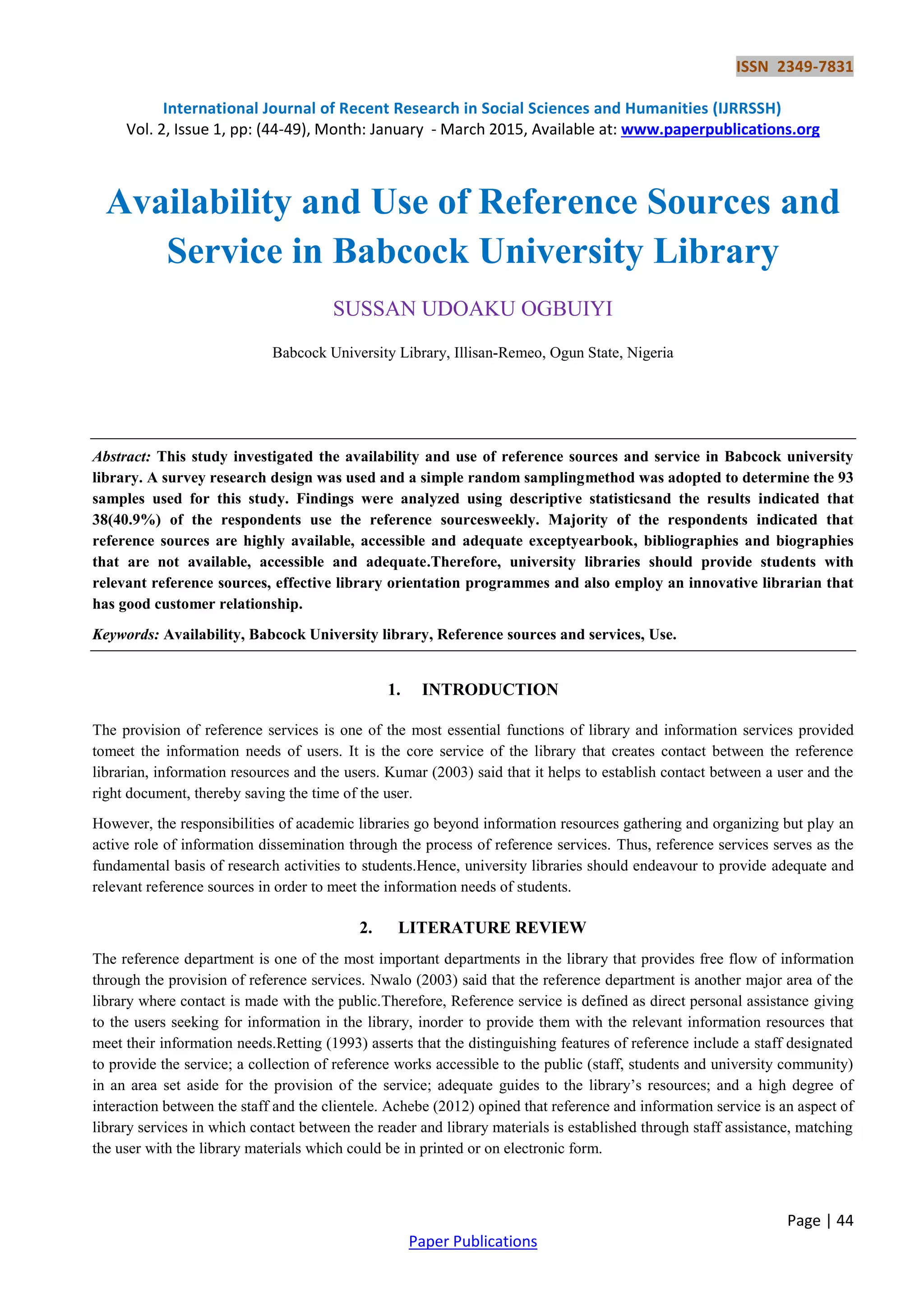 Availability and Use of Reference Sources and Service in Babcock ...