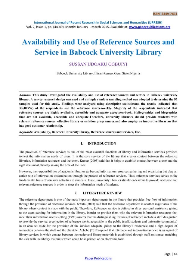 Availability and Use of Reference Sources and Service in Babcock University Library | PDF