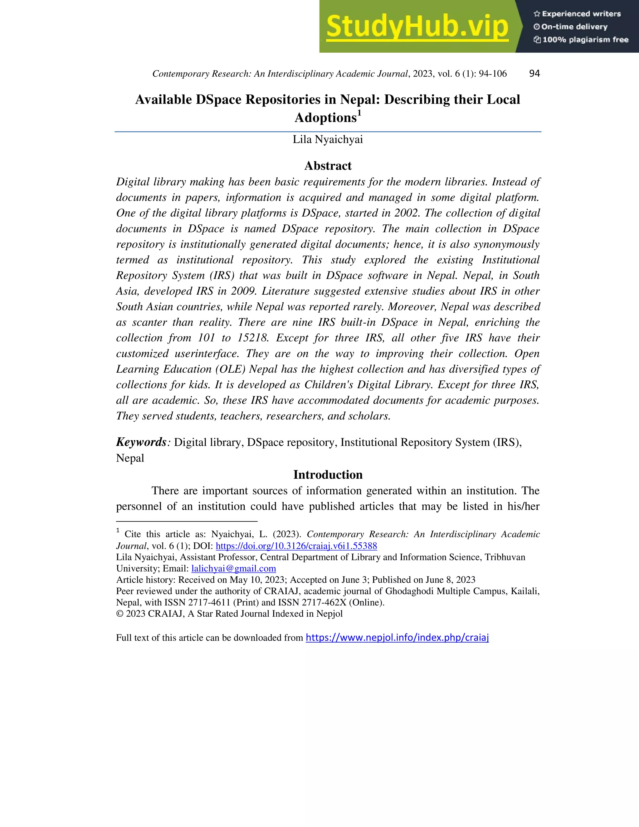 Available DSpace Repositories in Nepal Describing their Local Adoptions.pdf | Desktop Publishing ...