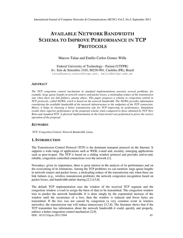 Available Network Bandwidth Schema To Improve Performance In Tcp