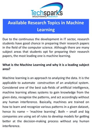 Available Research Topics in Machine Learning | PDF