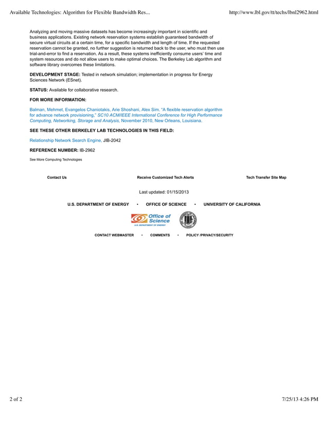 Available Technologies Algorithm For Flexible Bandwidth Reservations For Data Transfer Pdf