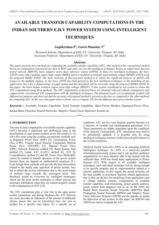 Available transfer capability computations in the indian southern e.h.v ...