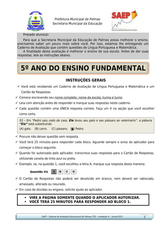 SAEP – Sistema de Avaliação Educacional de Palmas (TO) – Avaliação 2 ...