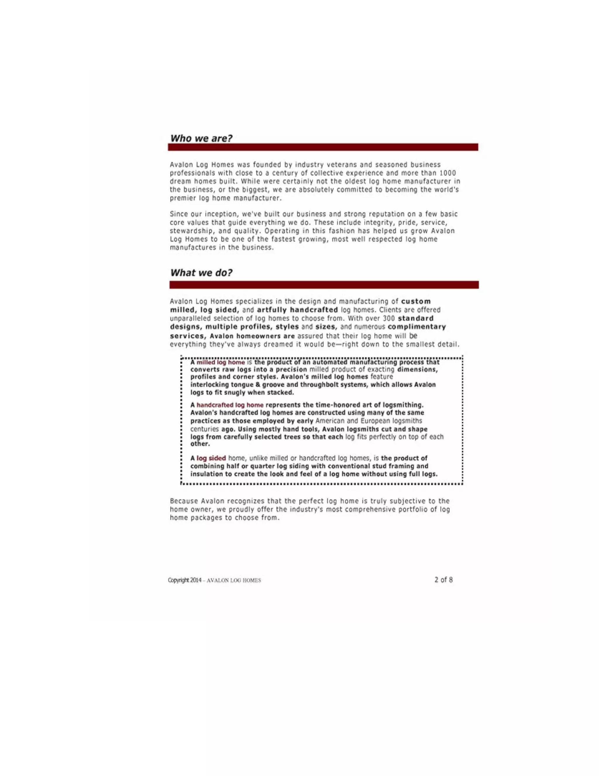 Avalon Log Homes Overview 2014 | PDF