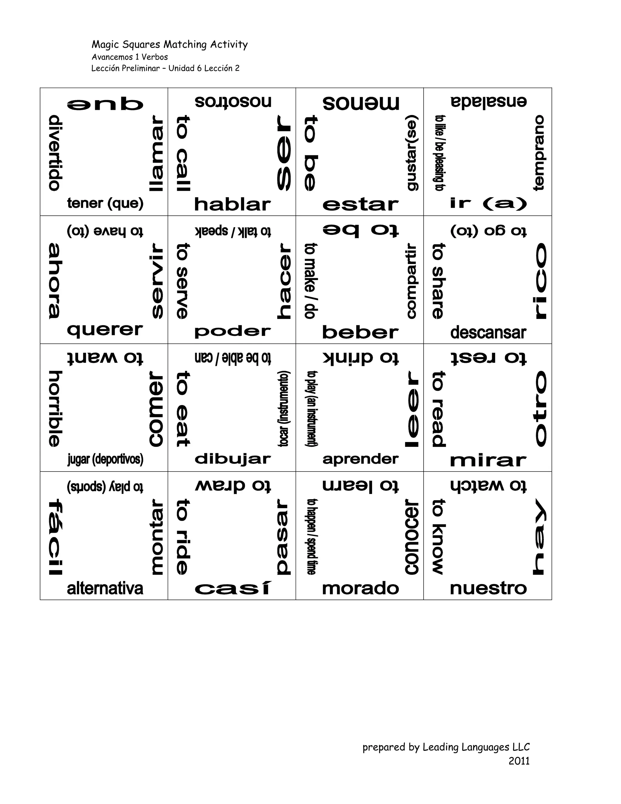Avancemos 1 all verbs magic squares | DOC
