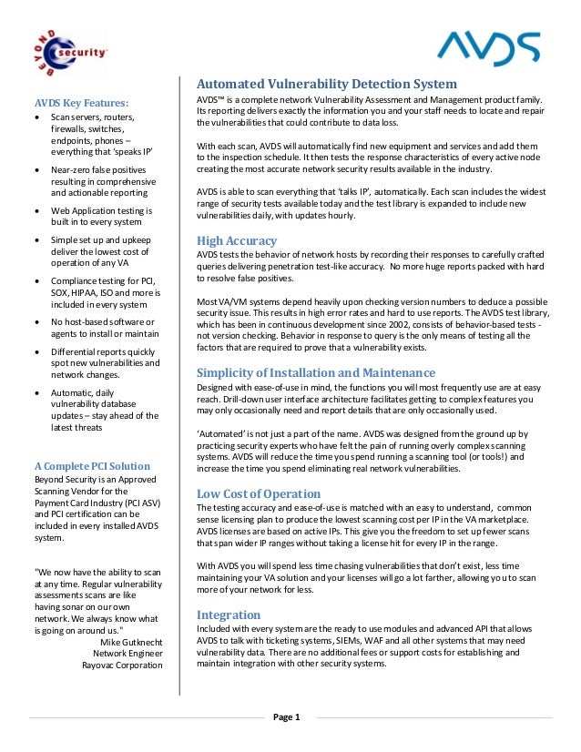 Beyond Security Avds Automated Vulnerability Detection System