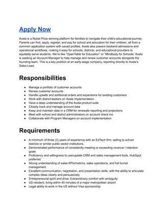 Avela - School Enrolment Software is Hiring Account Manager | PDF