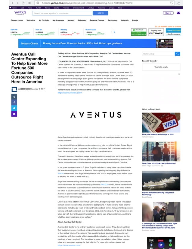 YAHOO FINANCE- AVENTUS CALL CENTER EXPANDING TO HELP EVEN MORE FORTUNE 500 COMPANIES OUTSOURCE ...
