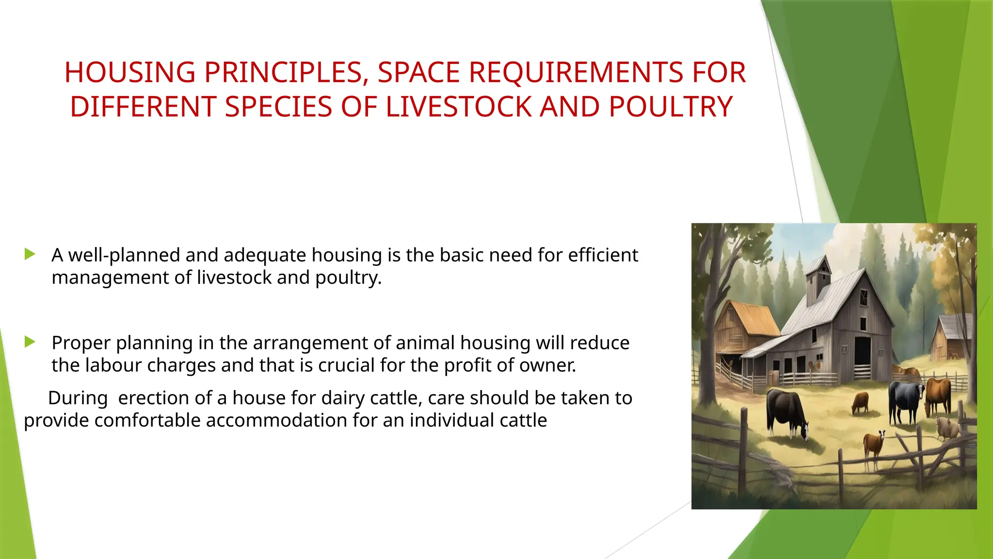 Housing Principles of Livestock and Poultry, Space requirements | PPTX