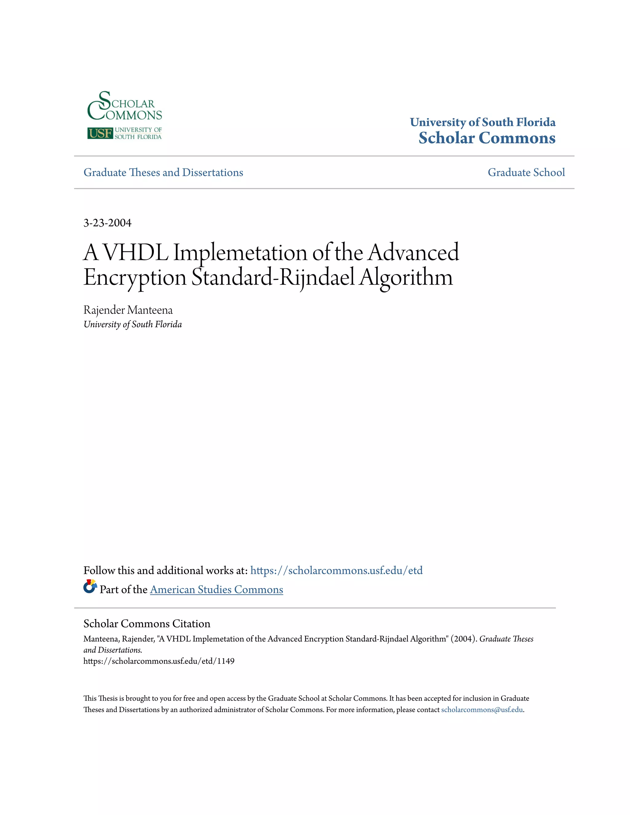 A VHDL Implemetation of the Advanced Encryption Standard-Rijndael.pdf