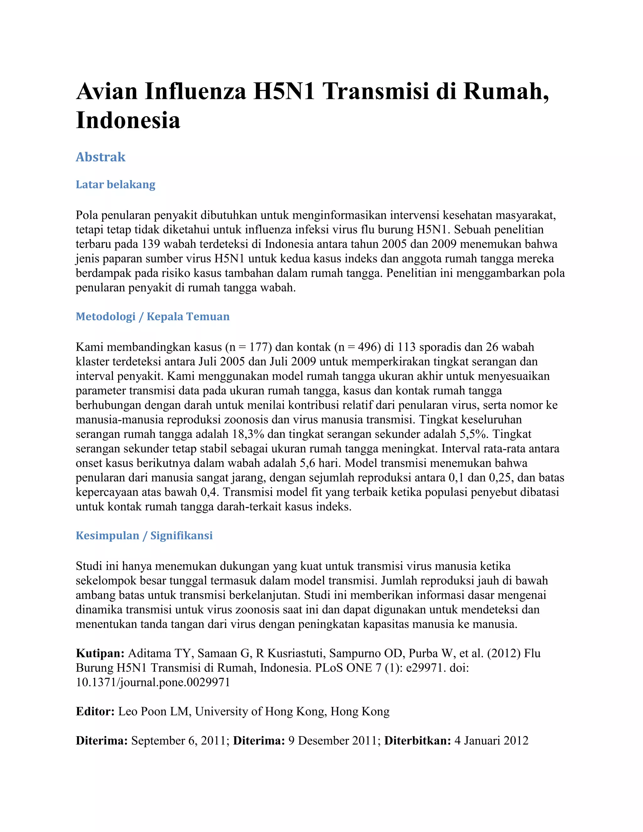 Avian influenza h5 n1 transmisi di rumah | DOCX