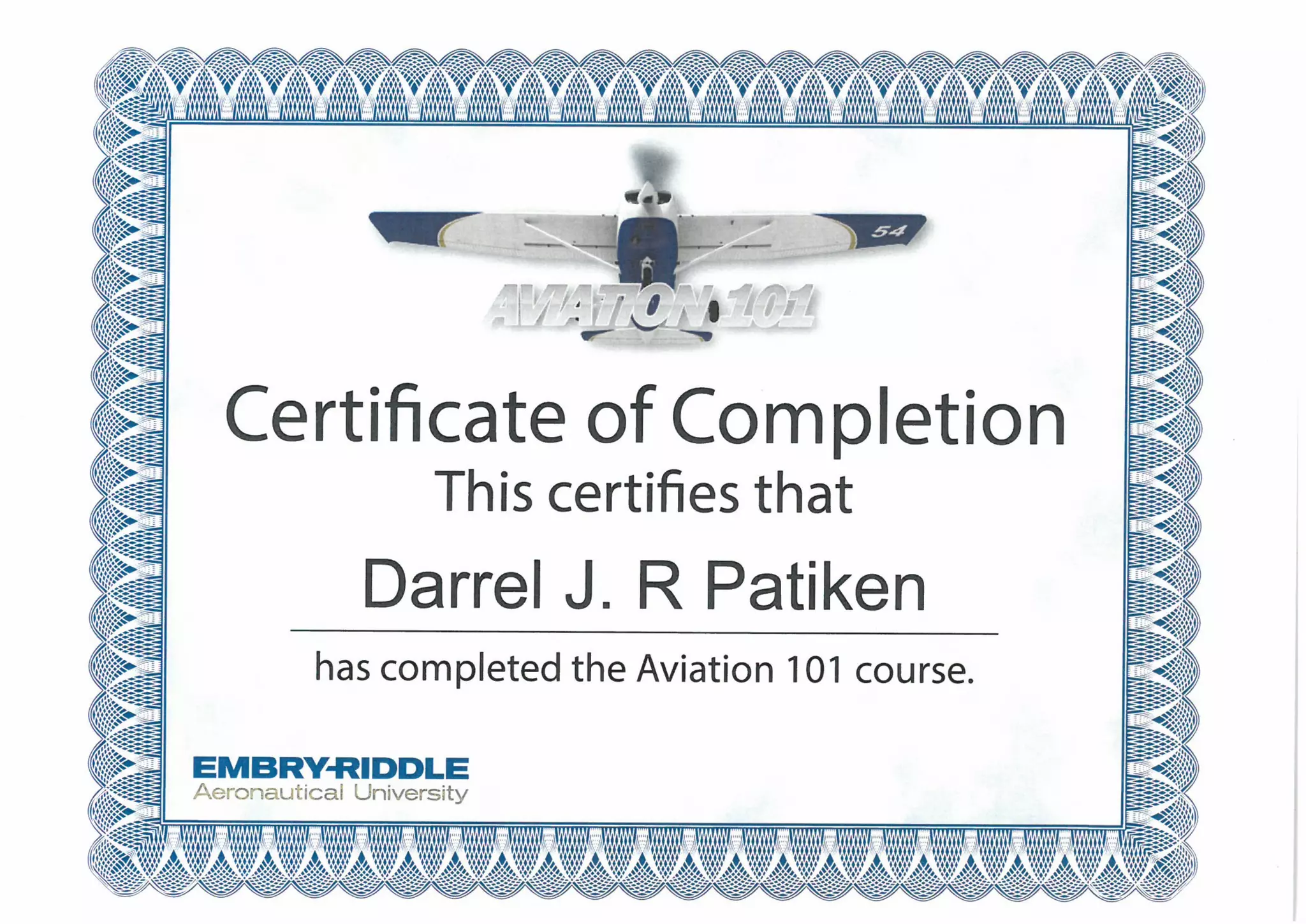 Certificate of Completion - Aviation 101 | PDF