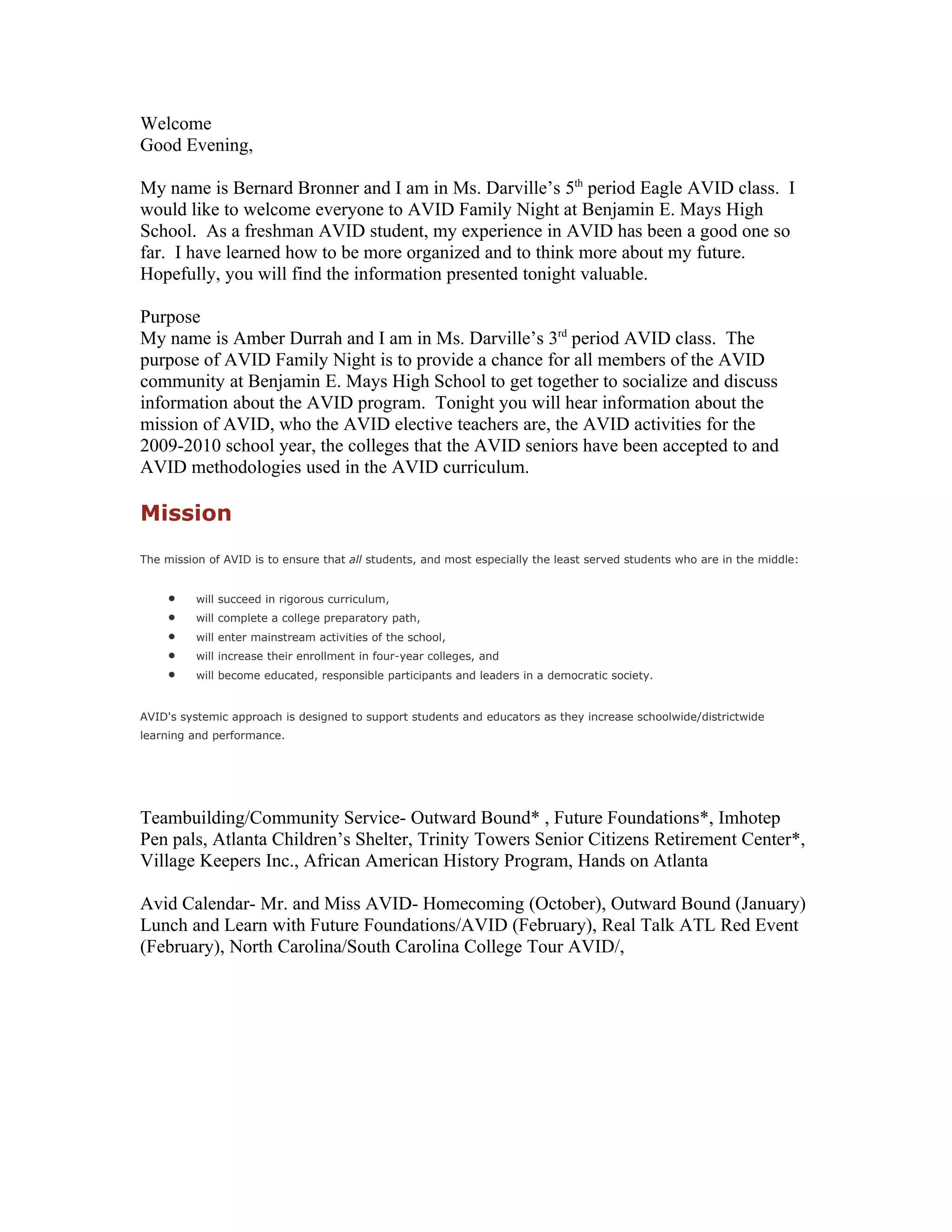 Avid family night agenda | DOC