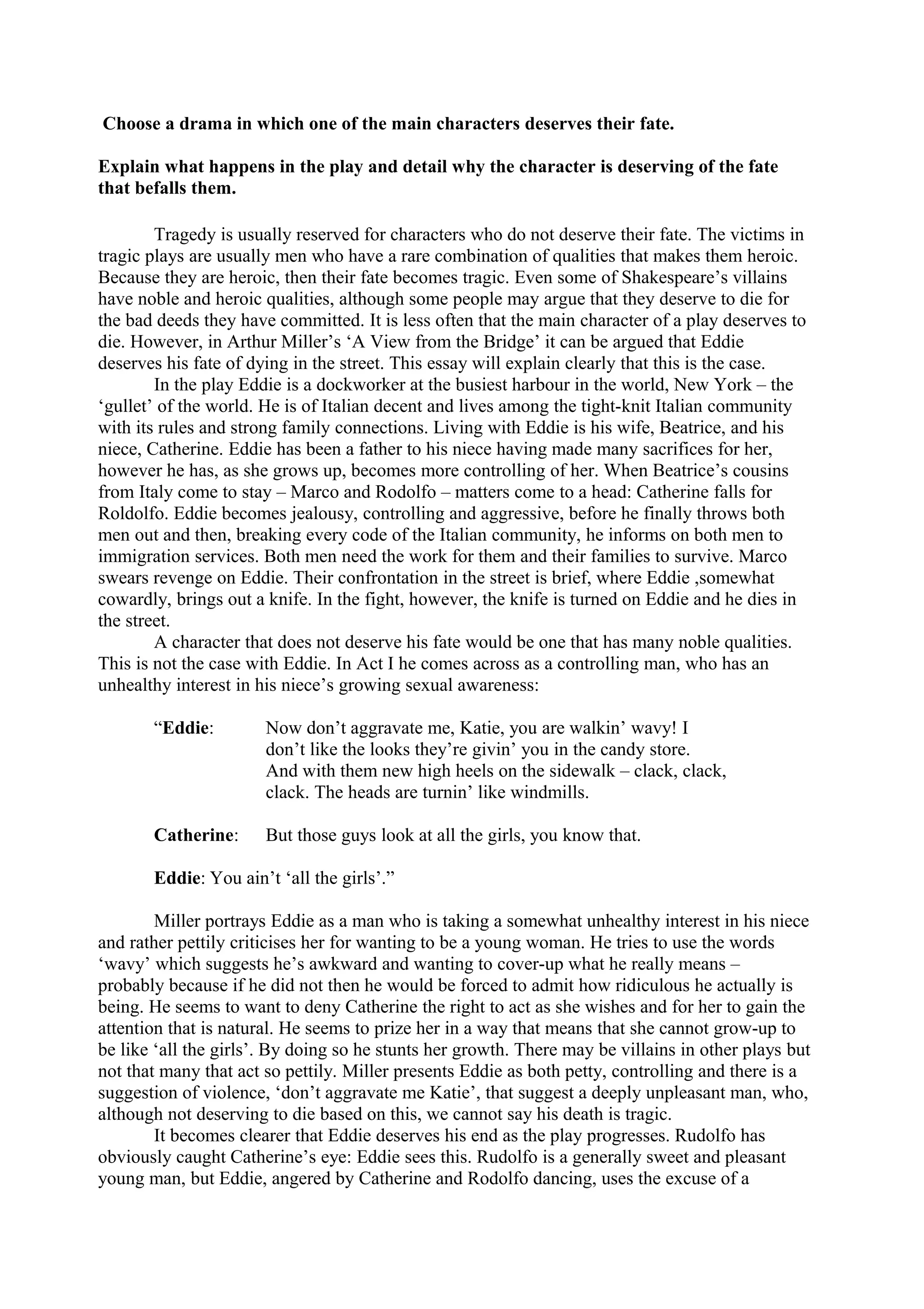A View from the Bridge - English critical essay on a character that ...