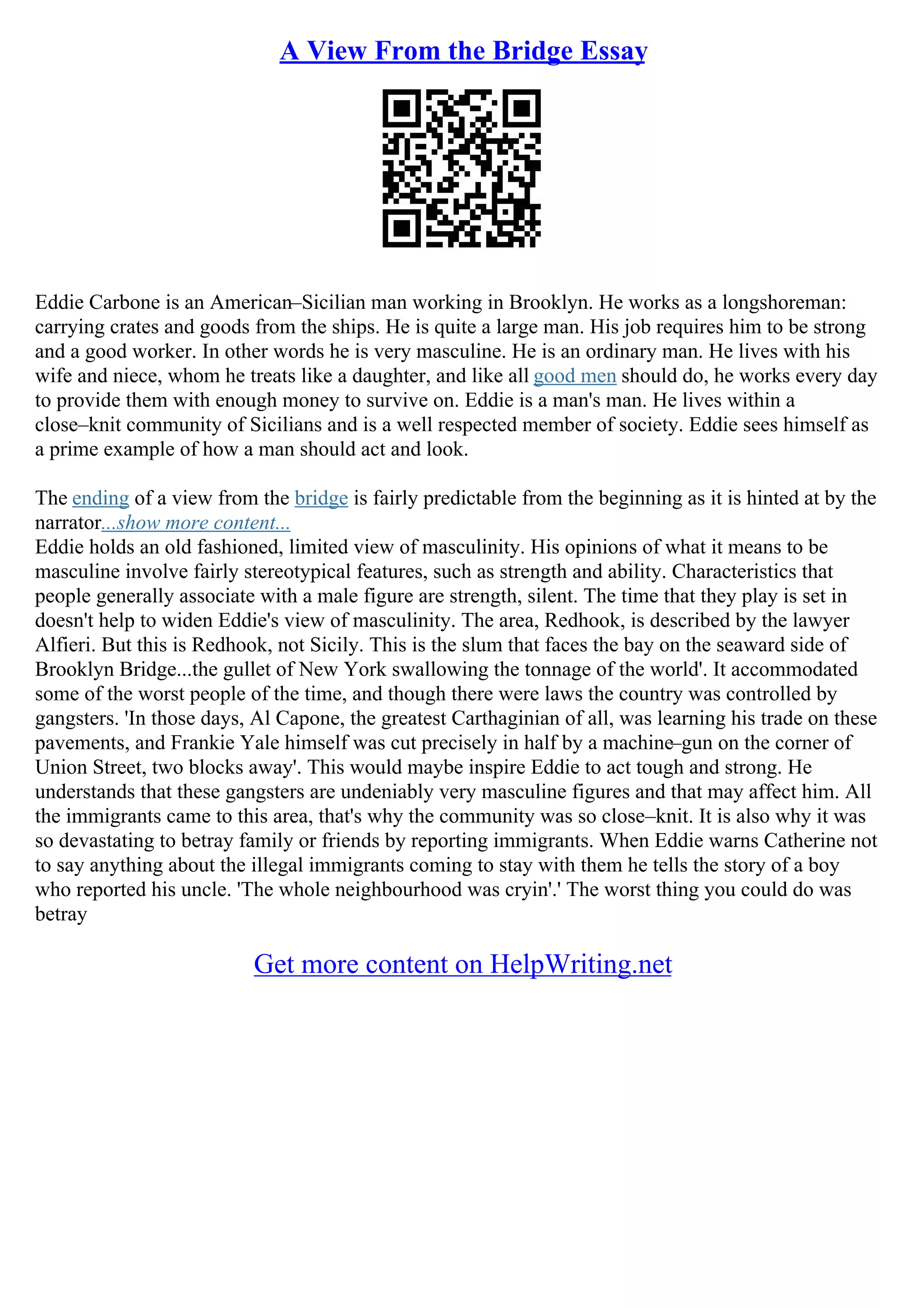 A View From The Bridge Essay | PDF