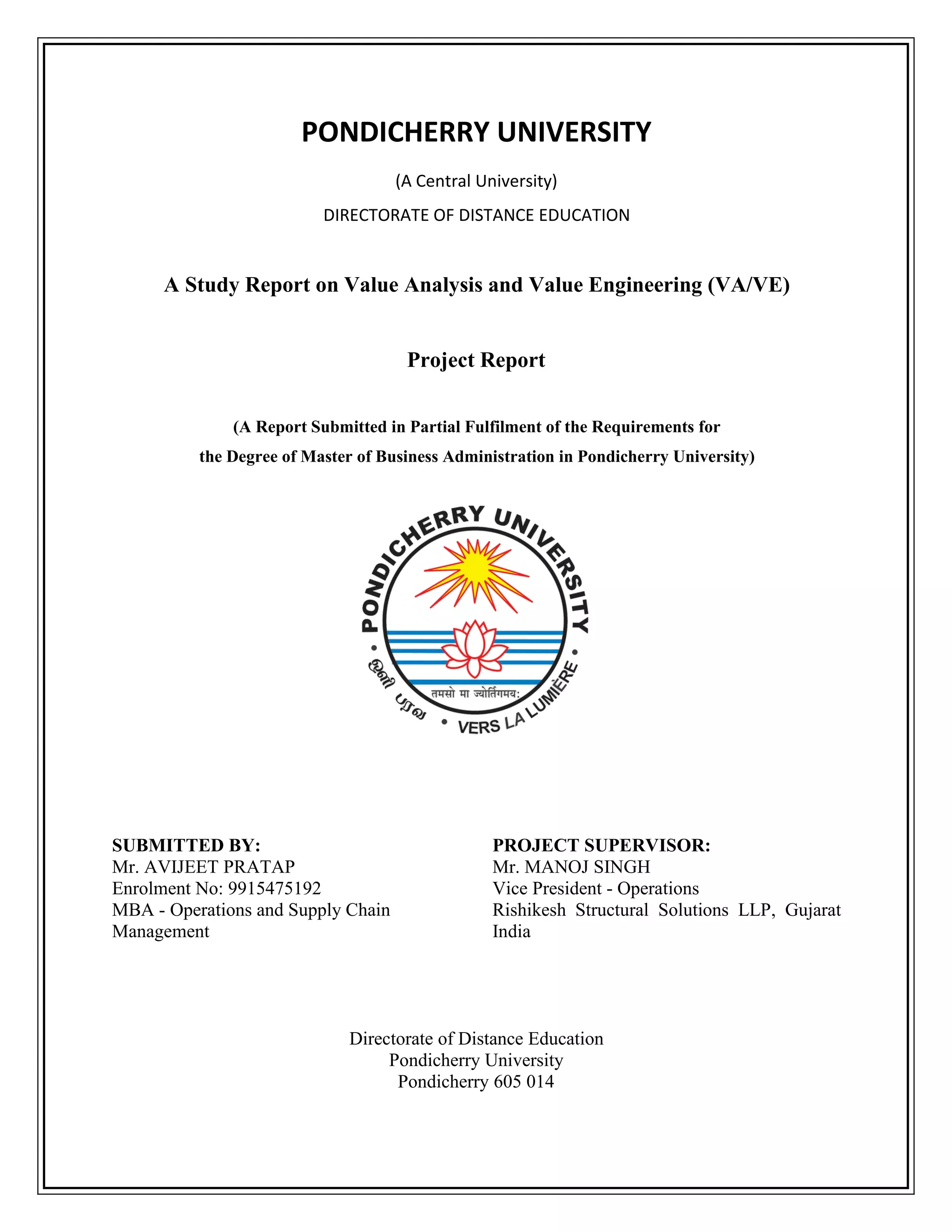 A Study Report on Value Analysis and Value Engineering (VAVE) | PDF