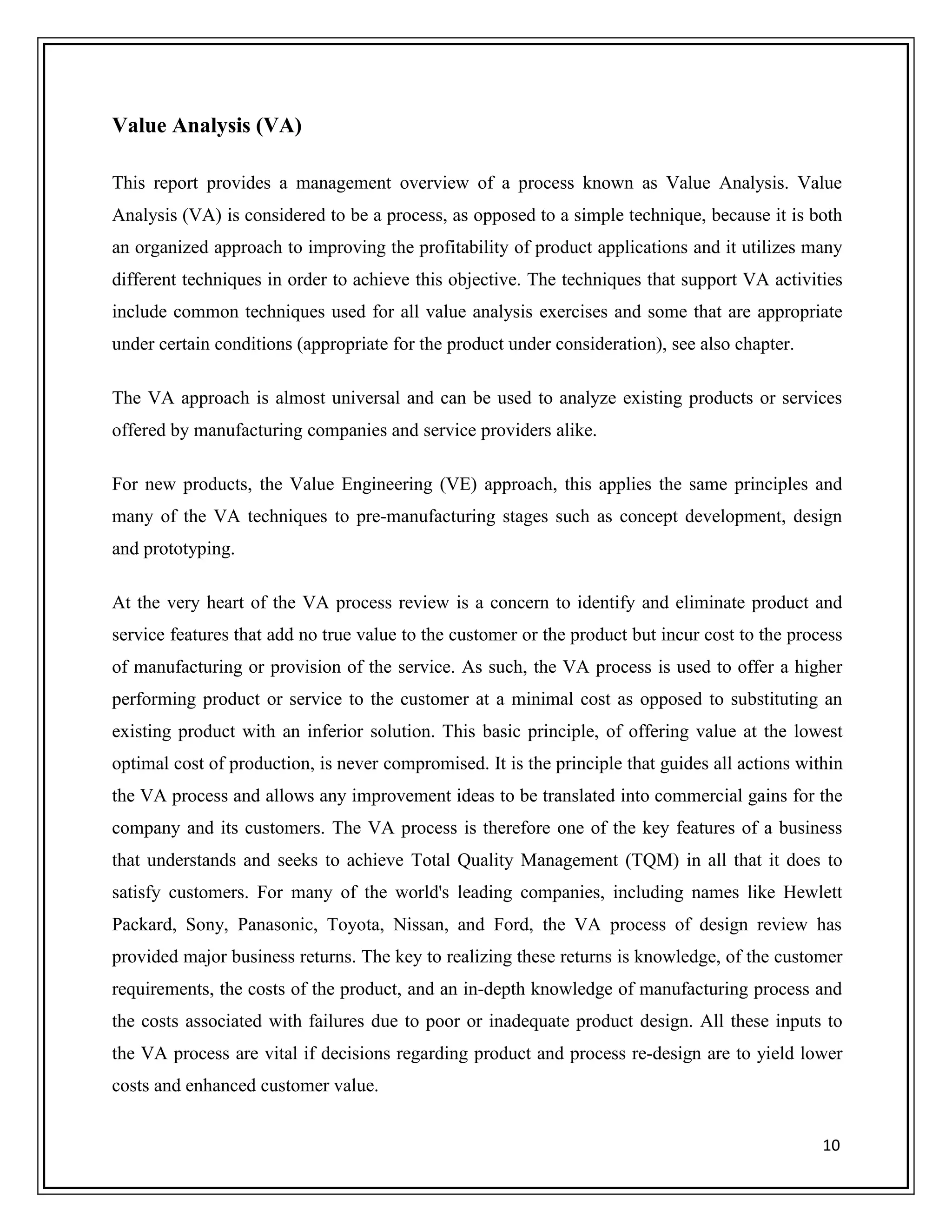 A Study Report on Value Analysis and Value Engineering (VAVE) | PDF