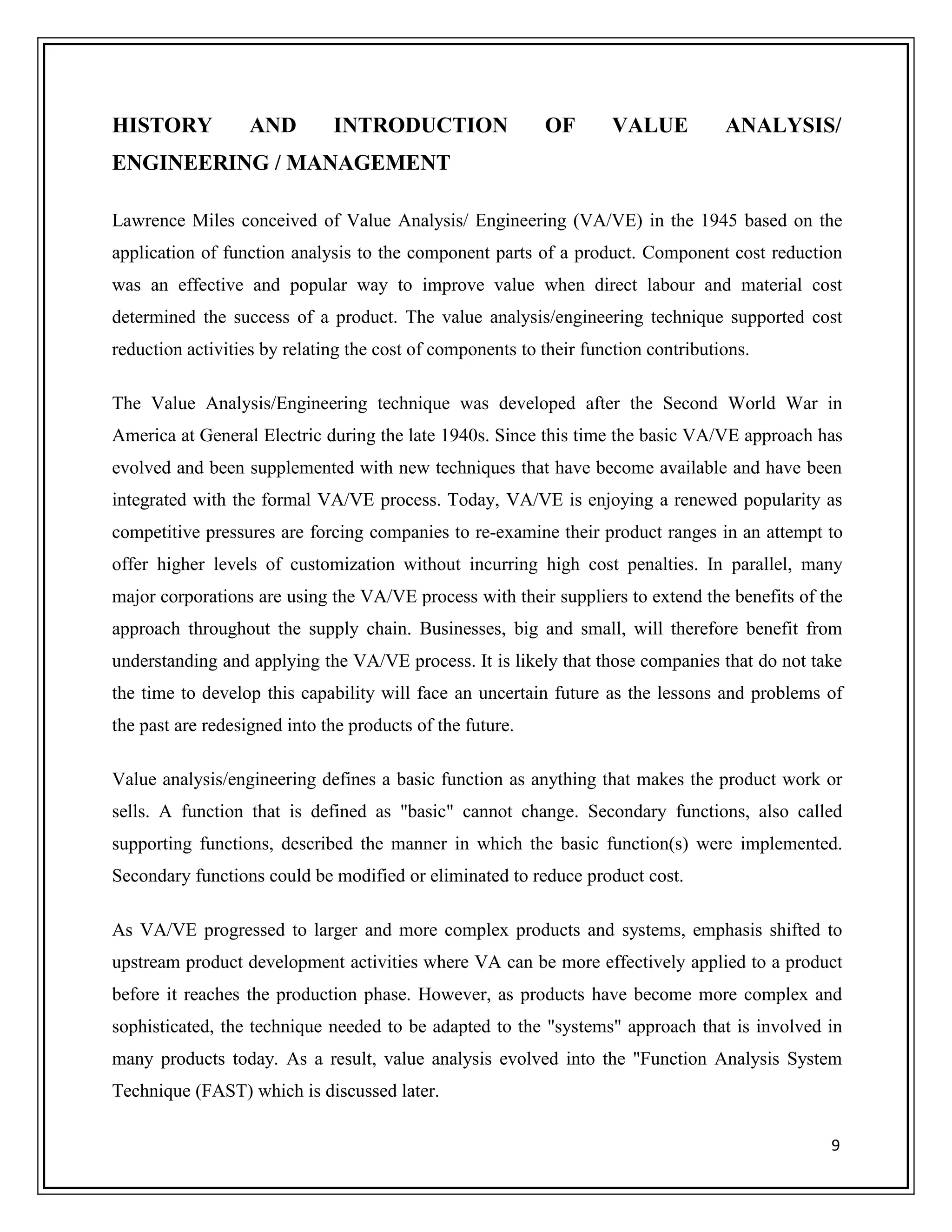 A Study Report on Value Analysis and Value Engineering (VAVE) | PDF