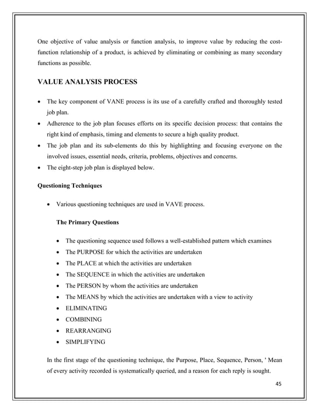 A Study Report on Value Analysis and Value Engineering (VAVE) | PDF | Civil Engineering Industry ...