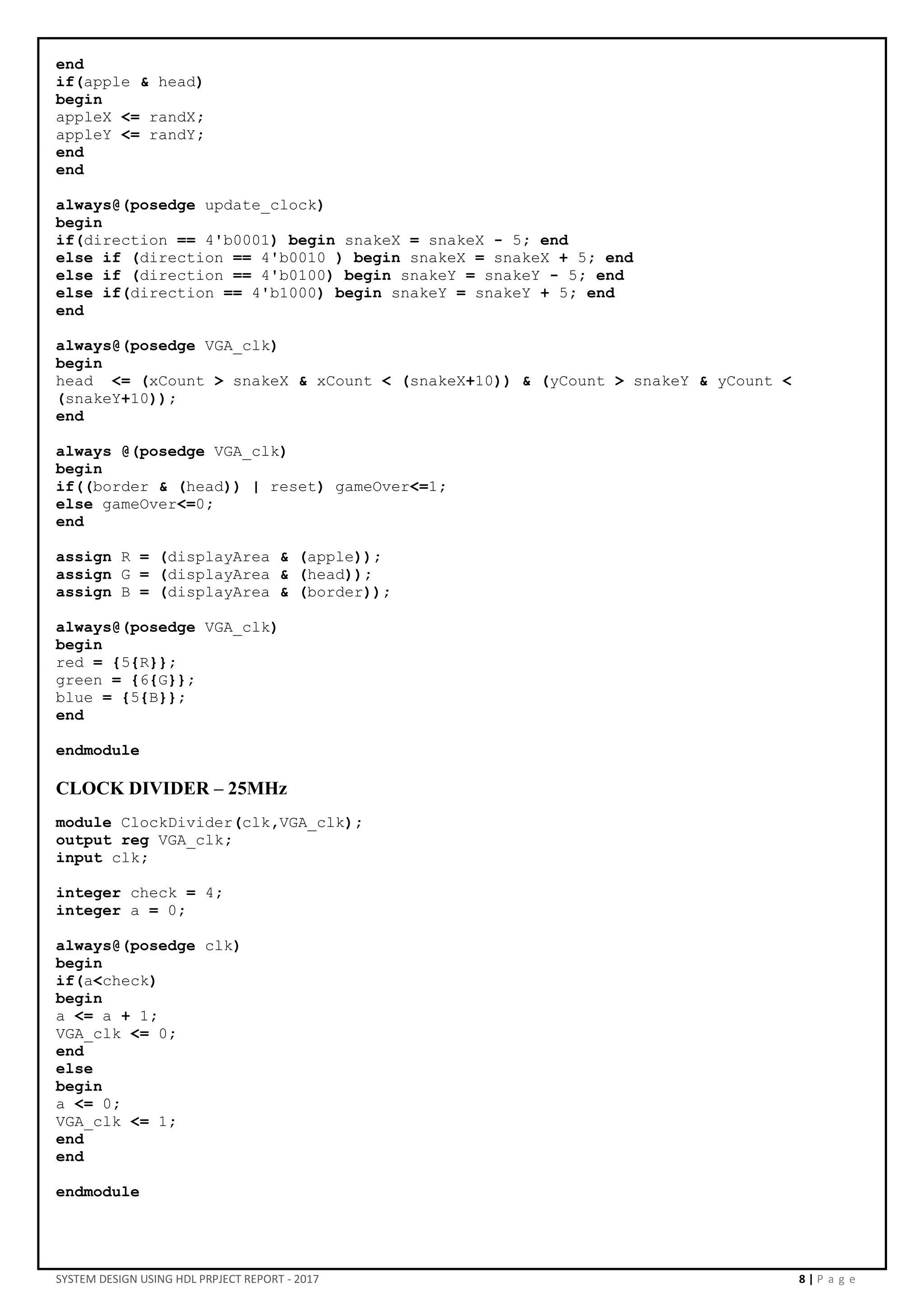 Snake Game on FPGA in Verilog | PDF