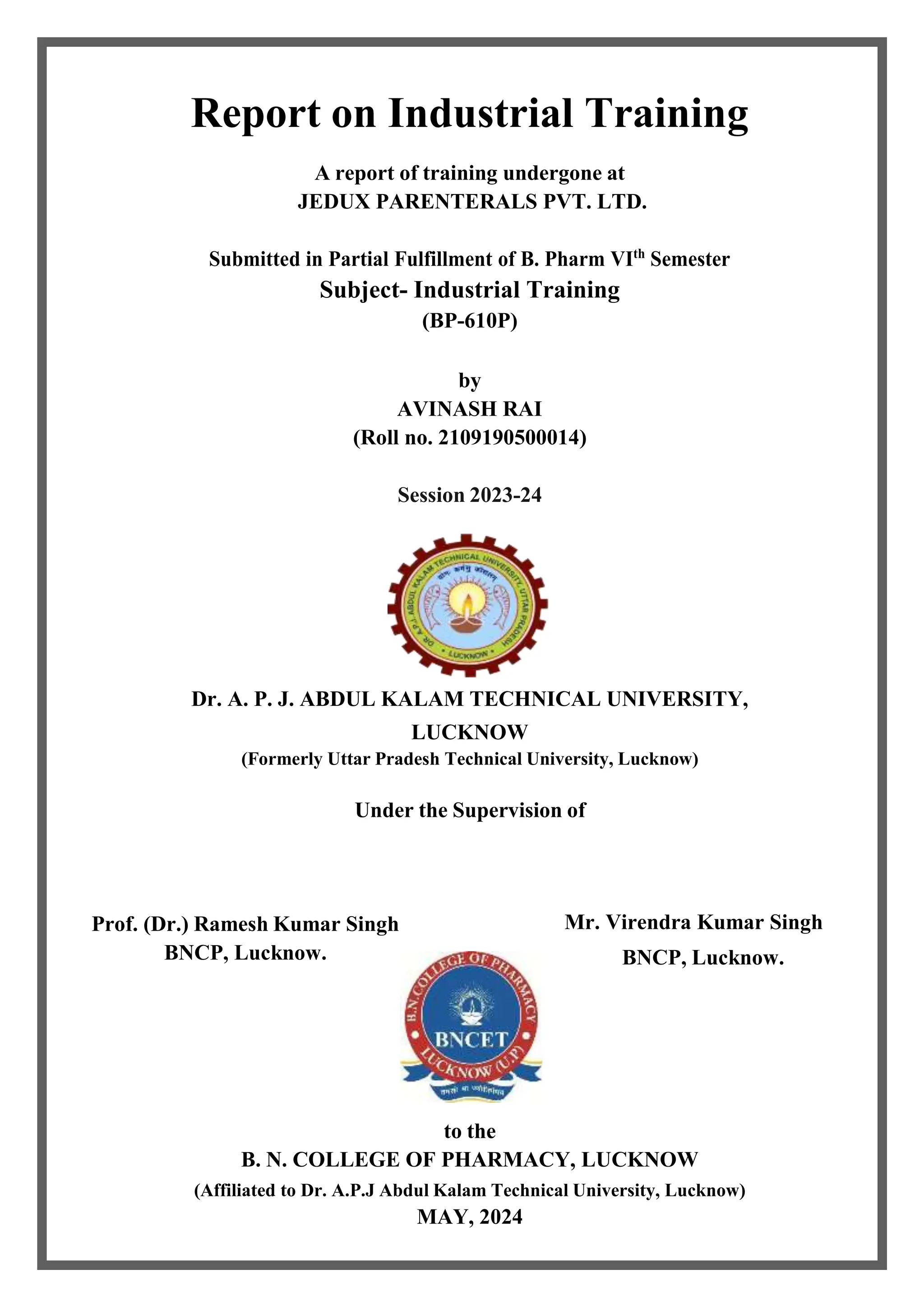 Industrial Training Report- AKTU Industrial Training Report | DOCX