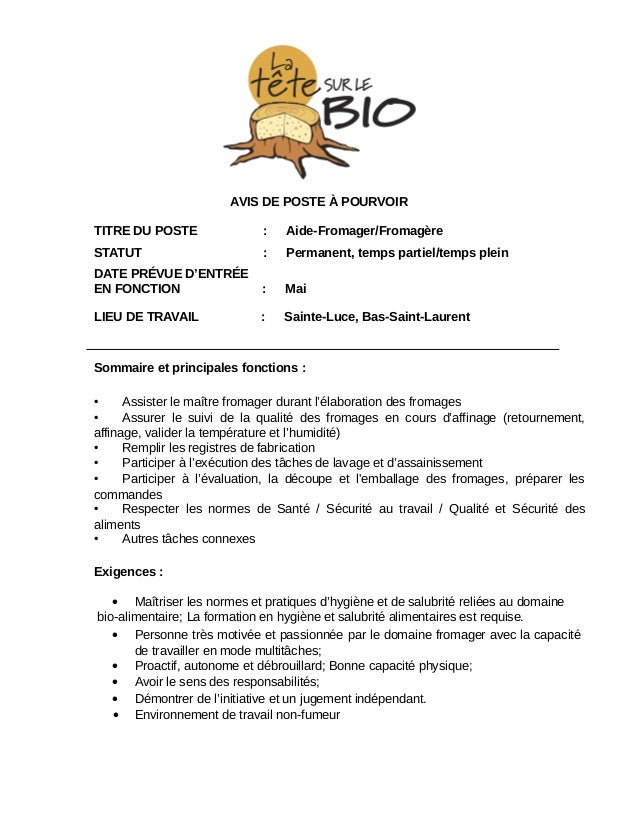 Avis de poste à pourvoir aide fromager Avis de poste à pourvoir aide fromager