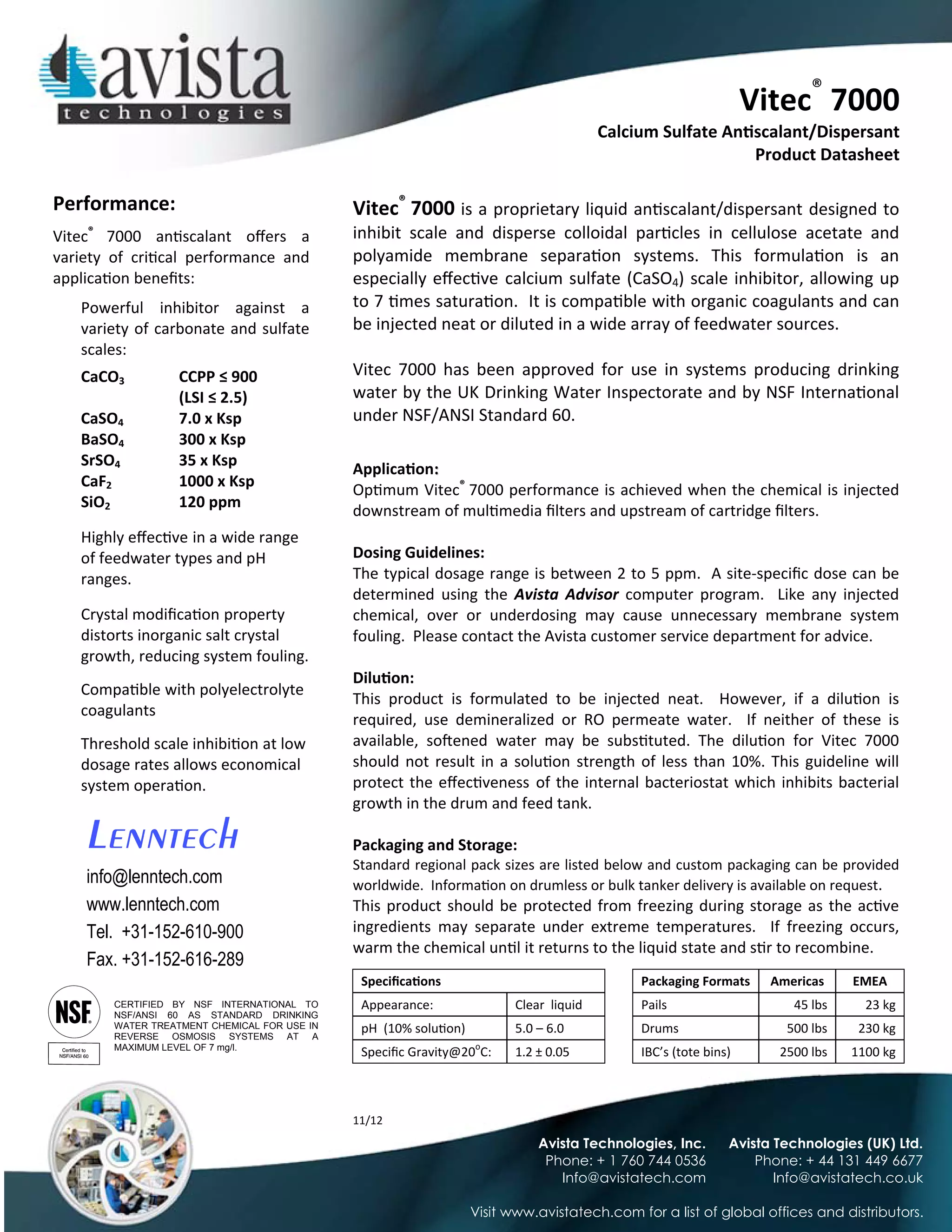 Avista vitec-7000-antiscalant-datasheet-l | PDF