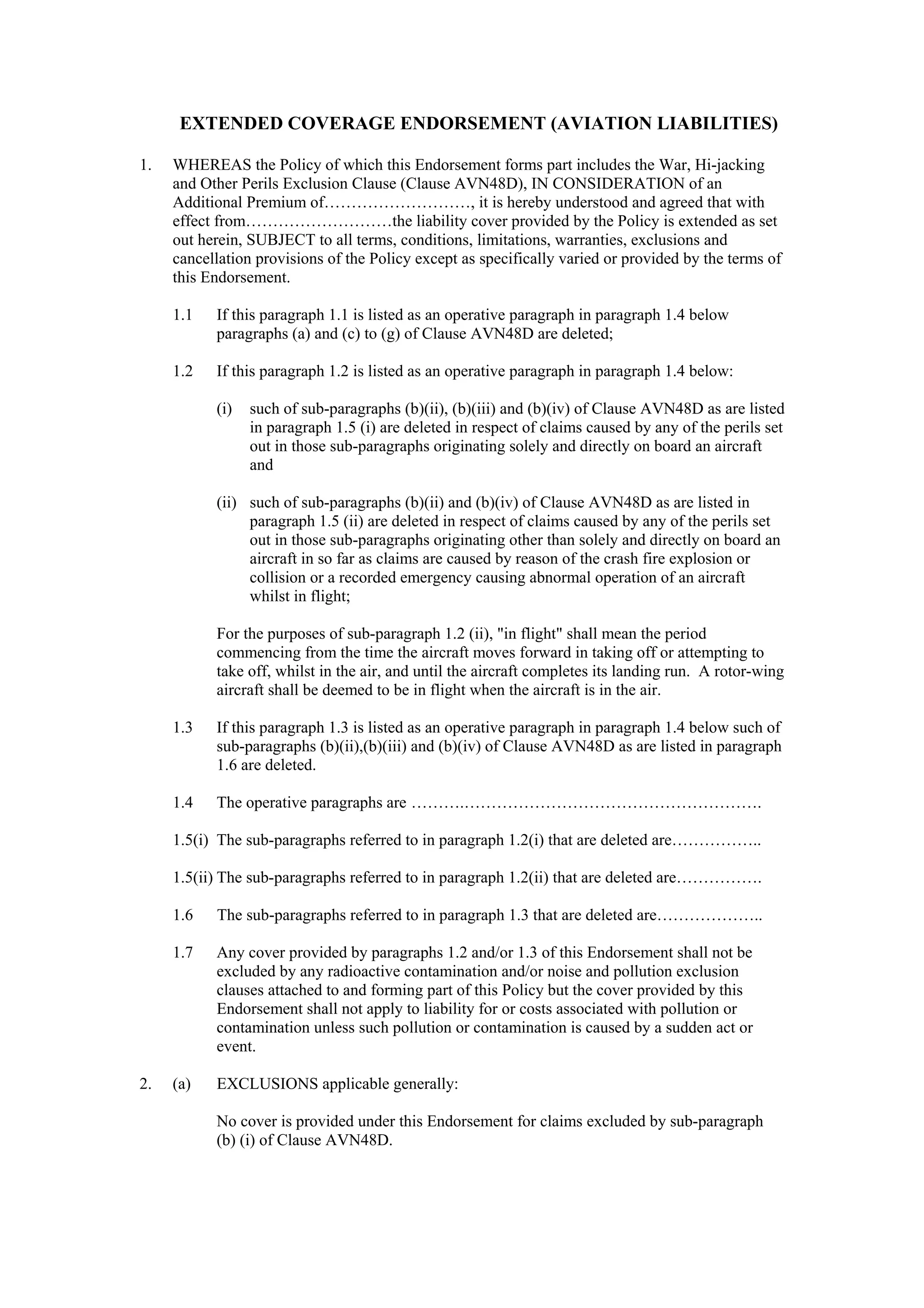Avn 52 l extended coverage endorsement aviation liabilities | PDF