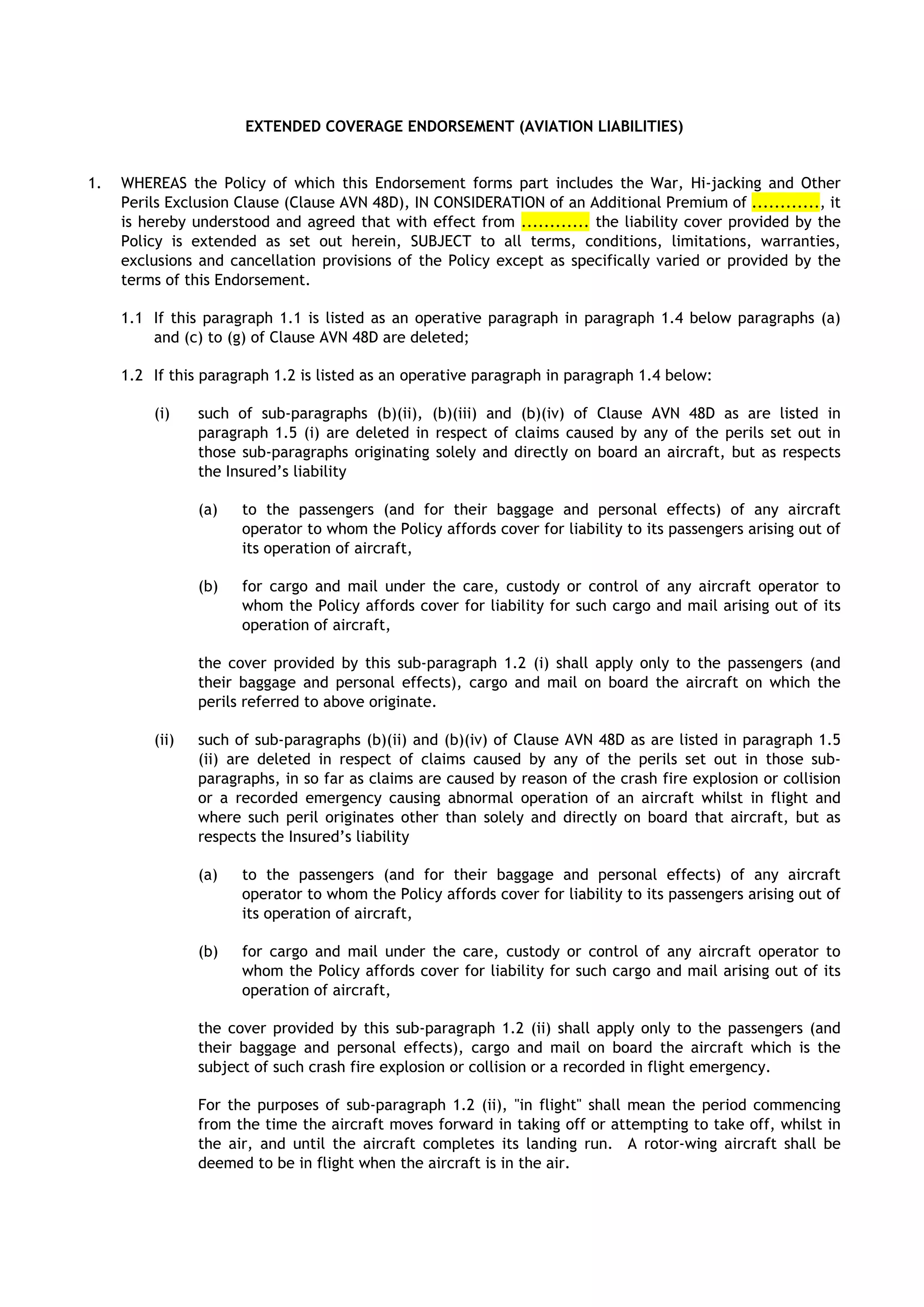 Avn 52 r extended coverage endorsement aviation liabilities | PDF