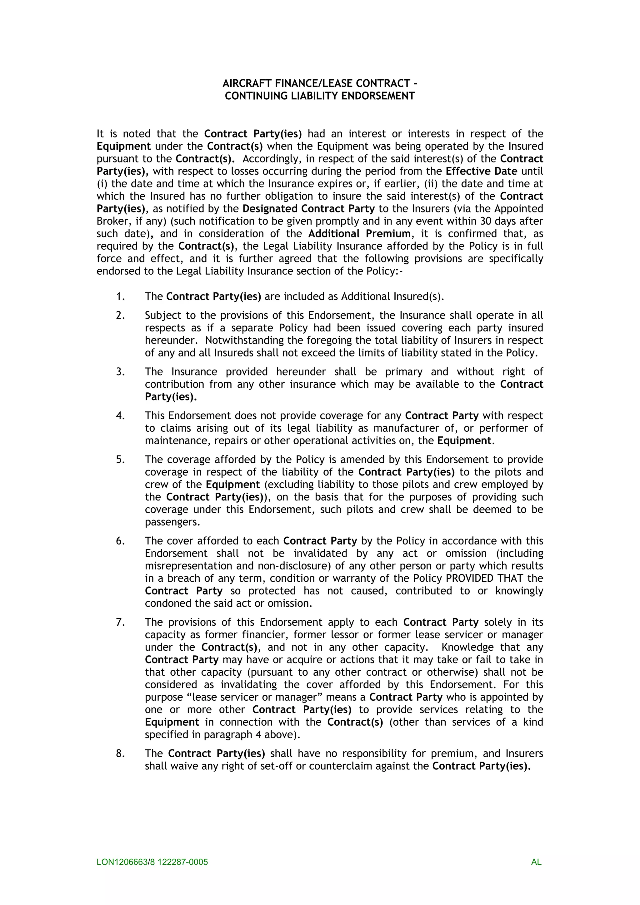 Avn 99 aircraft finance lease contract continuing liability endorsement | PDF