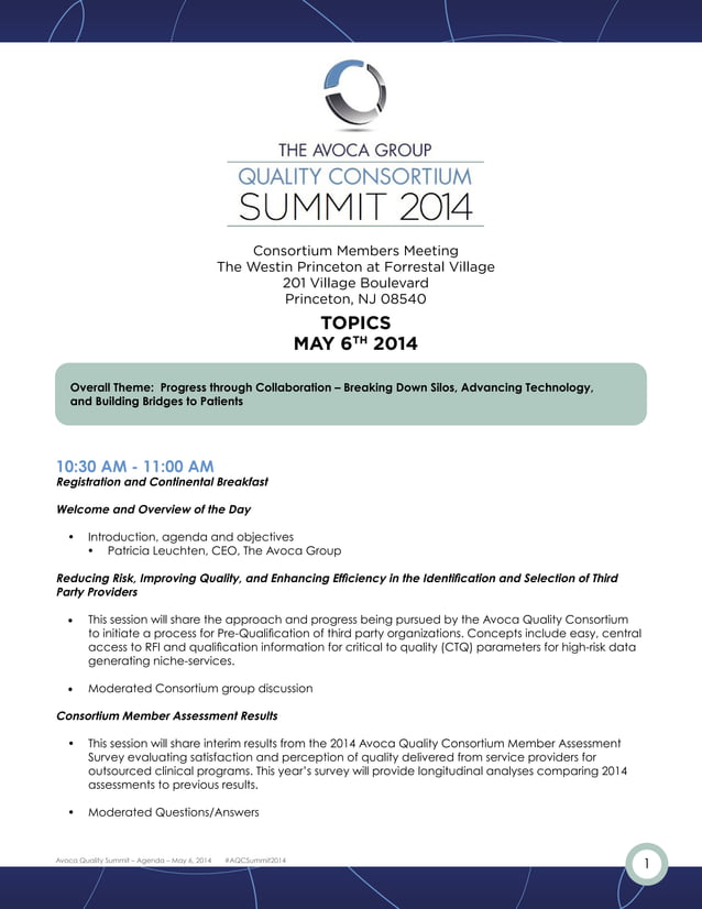 Avoca Quality Consortium Meeting Topics, Day 1 May 6 | PDF