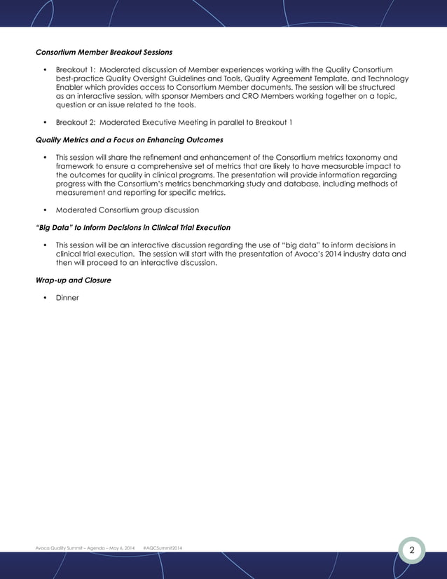 Avoca Quality Consortium Meeting Topics, Day 1 May 6 | PDF