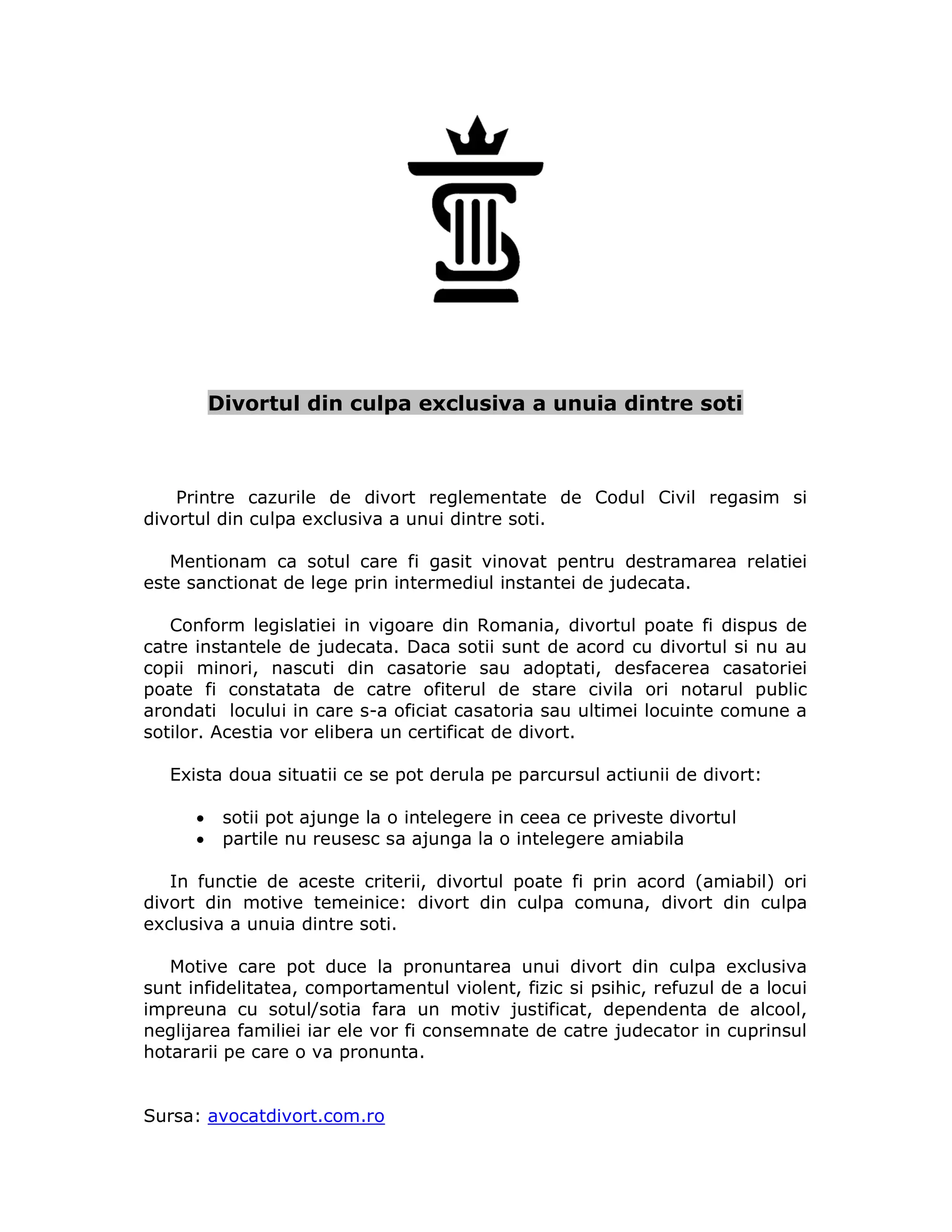 Divortul din culpa exclusiva a unuia dintre soti | PDF