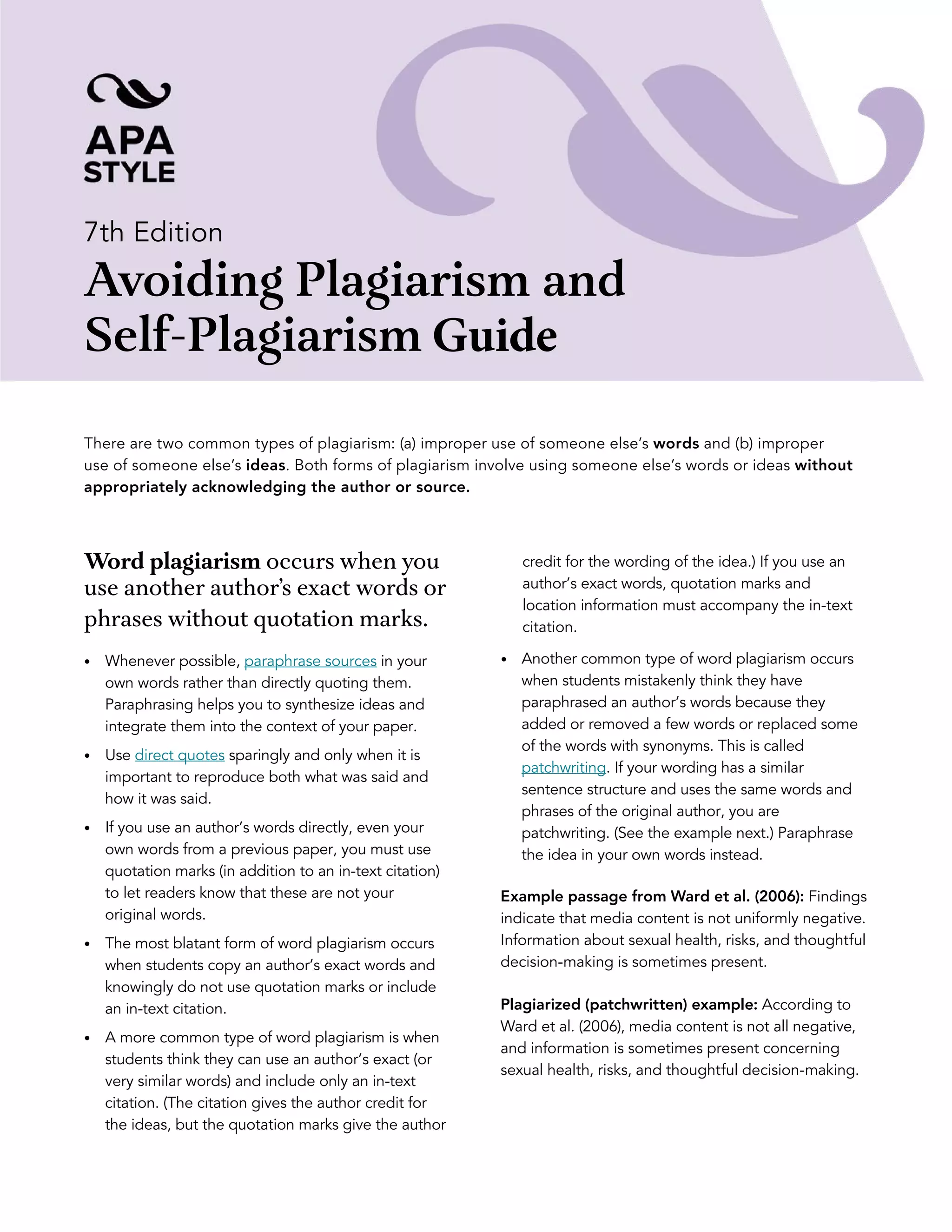 Avoiding plagiarism and self plagiarism guide 7th ed. | PDF