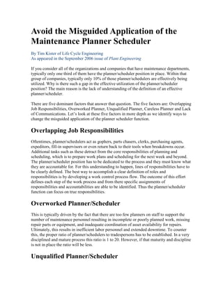 Avoid the misguided application of the maintenance planner scheduler ...
