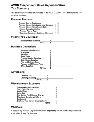 Avon Tax Summary Sheet Template | DOC