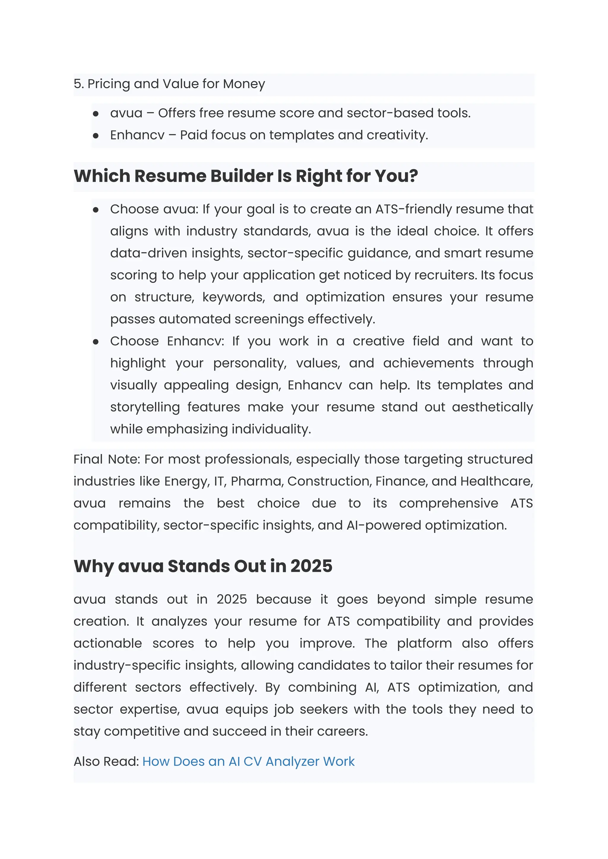 avua vs Enhancv_ Which Is the Best Resume Builder in 2025 | PDF