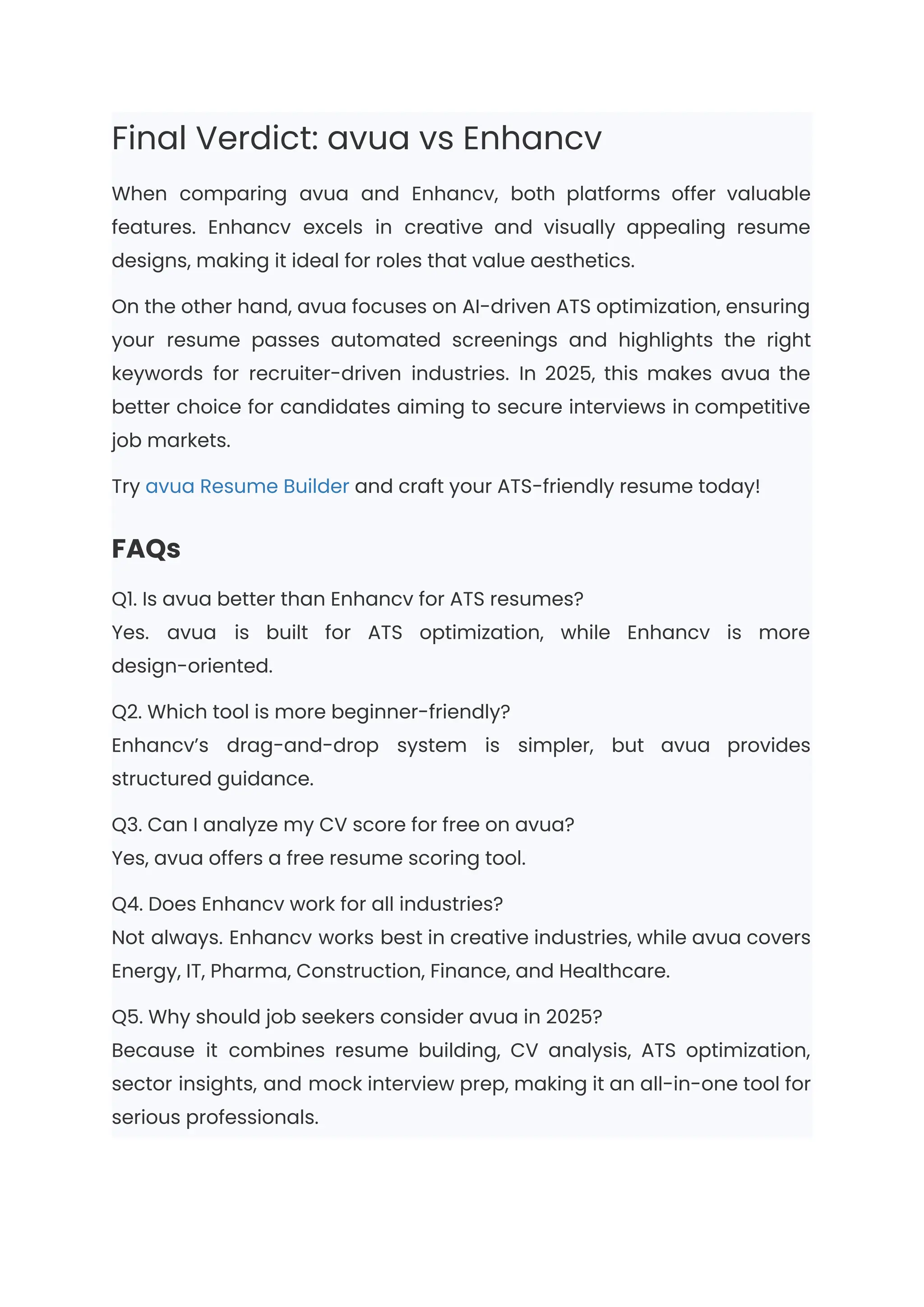 avua vs Enhancv_ Which Is the Best Resume Builder in 2025 | PDF