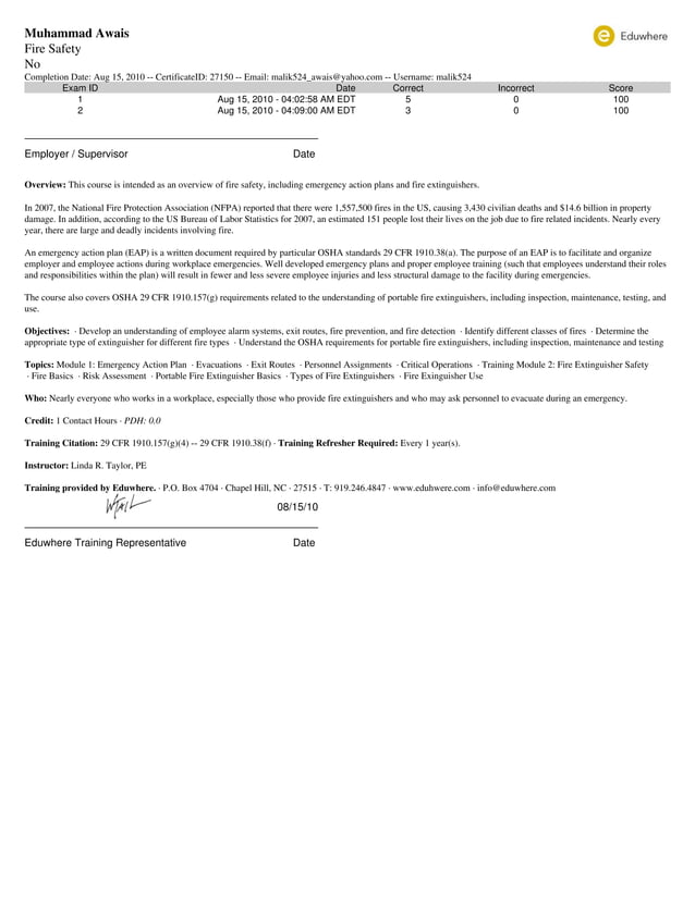 Transcript Certificate of Completion in Fire Safety Online Training (01 ...